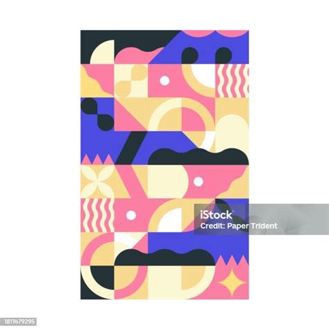 추상 기하학적 포스터입니다 Cubism 양식화 된 배경 둥글고 네모난 모양 형태 그림 현대적인 미니멀 수직 인테리어 장식 현대 다채로운 예술 평면 벡터 그림 0명에 대한