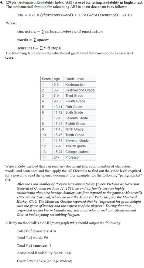 Solved 4 20 Pts Automated Readability Index Ari Is Used