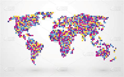 世界地图由不同颜色的方块组成