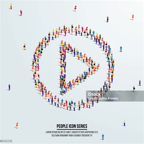 비디오 재생 버튼 또는 아이콘 또는 개념 셰이프 플레이 버튼을 만들기 위해 많은 사람들이 형성합니다 벡터 그림입니다 개념에 대한 스톡 벡터 아트 및 기타 이미지 Istock