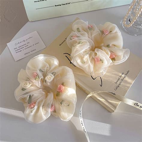 루즈루나주얼리 나리엘 쉬폰 시스루 장미 곱창 머리끈 헤어 스크런치 이중 헤어슈슈