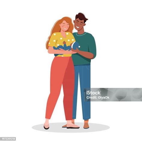 아이가 있는 다문화 위탁 가정 젊은 부부가 귀여운 아들을 껴안고 있습니다 남자와 여자는 사랑과 보살핌으로 아기를 껴안습니다 입양과 부모가 되는 개념 벡터 고립된 그림 가족에