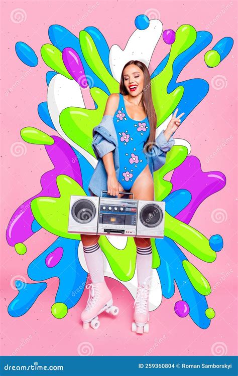 Composite Collage Picture Image Of Beautiful Woman Hold Retro Boombox