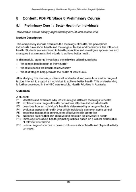 Pdhpe Syllabus Notes Hsc 8 Content Pdhpe Stage 6 Preliminary Course 8 Preliminary Core 1