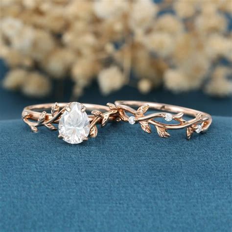 Nature Inspired Pear Cut Moissanite Leaf Gold Ring Set Rose Gold