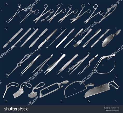 Set Surgical Instruments Tweezers Scalpels Saws Stock Vector Royalty Free 2217686445