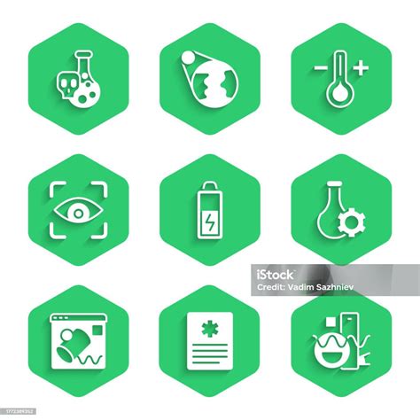 배터리 환자 기록 기본 기하학적 모양 시험관 데이터 시각화 눈 스캔 체온계 및 독성 액체 아이콘을 설정합니다 벡터 건강 진단에 대한 스톡 벡터 아트 및 기타 이미지 Istock