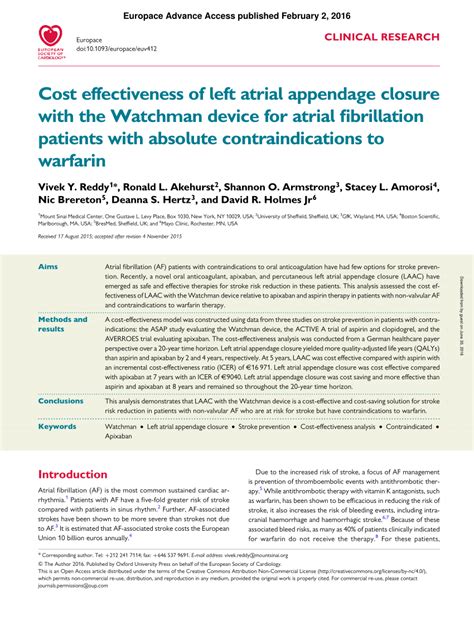 Pdf Cost Effectiveness Of Left Atrial Appendage Closure With The
