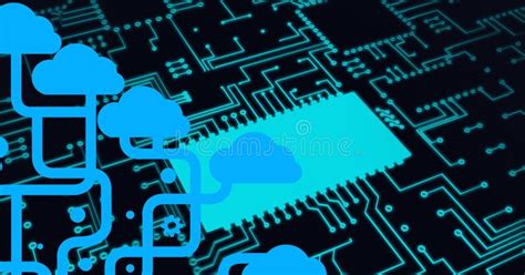 Composition Of Network Of Digital Cloud Icons Over Computer Circuit Board Stock Illustration