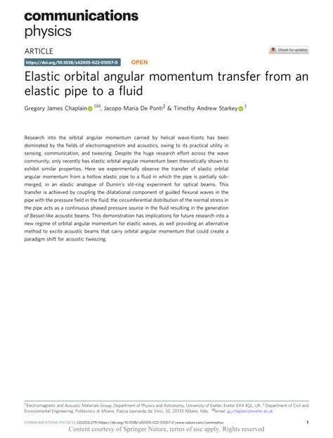 Pdf Elastic Orbital Angular Momentum Transfer From An Elastic Pipe To
