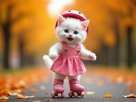 An Adorable White Kitten Skating On Roller Skates Wearing A Pink