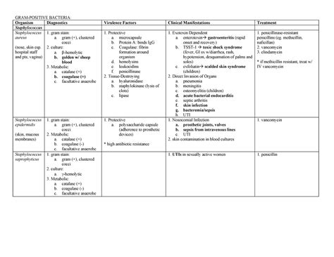 Bacteria Table Gram Positive Bacteria Organism Diagnostics Virulence