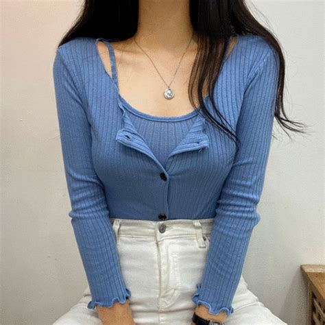 물결 골지 가디건 나시세트 [4color]