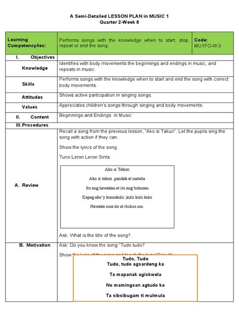 Lesson Plan In Music Cot 2 Pdf Behavior Modification Learning