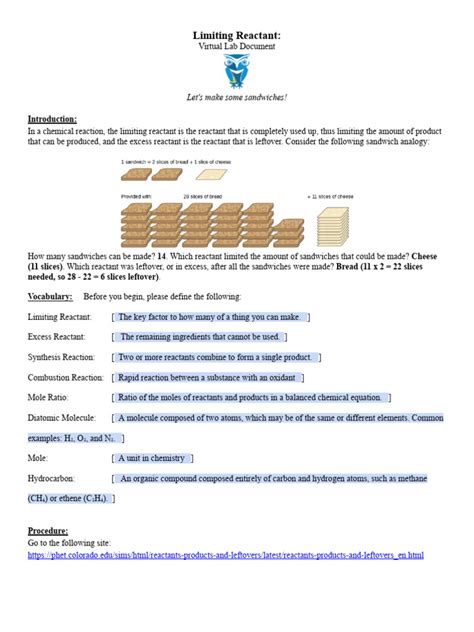 Limiting Reactant Virtual Lab Pdf Chemical Reactions Chemical Substances