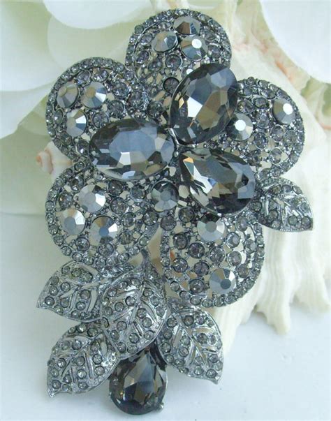 Helenajewelry 374 블랙 톤 그레이 라인 석 크리스탈 꽃 브로치 핀 펜던트 Ee04090c1pin