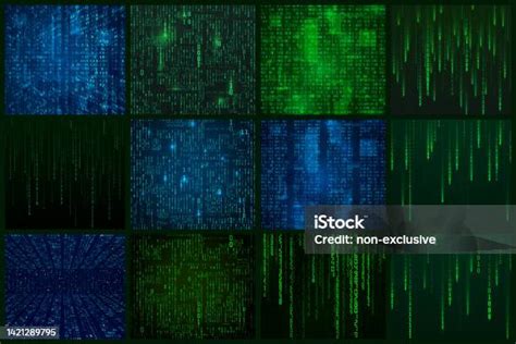 행렬 스타일의 데이터 스트림 집합입니다 추상 이진 정보 인코딩 된 디지털 데이터 사이버 보안 개념 공상 과학 미래 배경 녹색에 대한 스톡 벡터 아트 및 기타 이미지 Istock