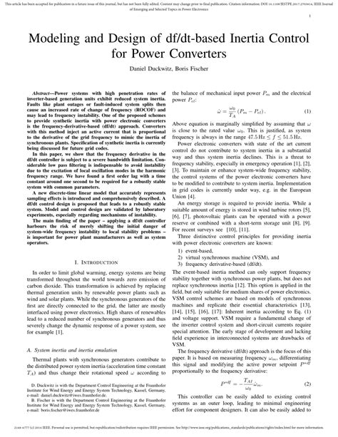Pdf Modeling And Design Of Dfdt Based Inertia Control For Power