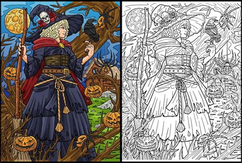 이 색칠 페이지 는 할로윈 마녀 와 ⁇ 자루 를 나타 ⁇ 니다 이 그림 의 한 면 은 색칠 되어 있으며 어린이 들 에게 영감을
