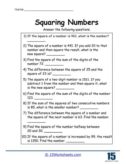 Squaring Numbers Worksheets 15