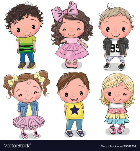 Cute Cartoon Girls And Boys On A White Background Vector Image