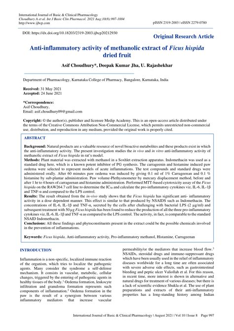 Pdf Anti Inflammatory Activity Of Methanolic Extract Of Ficus Hispida Dried Fruit