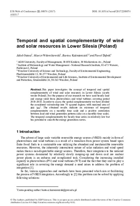Pdf Temporal And Spatial Complementarity Of Wind And Solar Resources In Lower Silesia Poland