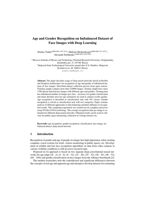 PDF Age And Gender Recognition On Imbalanced Dataset Of Face Images With Deep Learning
