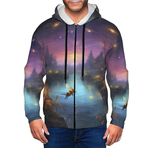 Goofa Magical Bees Twilight River Pattern Mens Full Zip Hoodie Zip Up