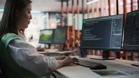 Female Asian Game Programmer Coding On Desktop Computer In Game