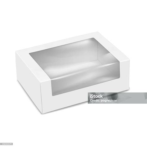 제품을 표시하는 명확한 플라스틱 창을 가진 백색 장방형 종이상자 3d 모형 빈 판지 식품 용기 사실적인 벡터 모형 투명 뚜껑 제과 상자 템플릿 상자에 대한 스톡 벡터 아트