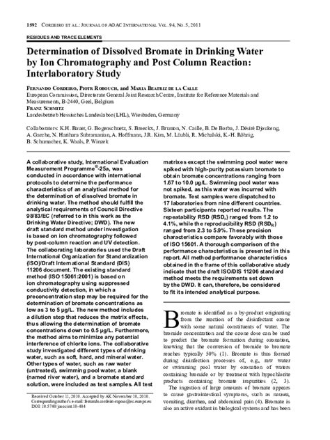 Pdf Determination Of Dissolved Bromate In Drinking Water By Ion Chromatography And Post Column