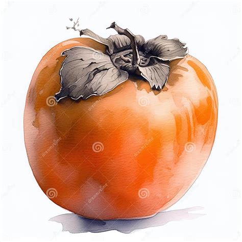 A Single Ripe Persimmon With A Brown Stem And Leaves On A White Background Stock Illustration