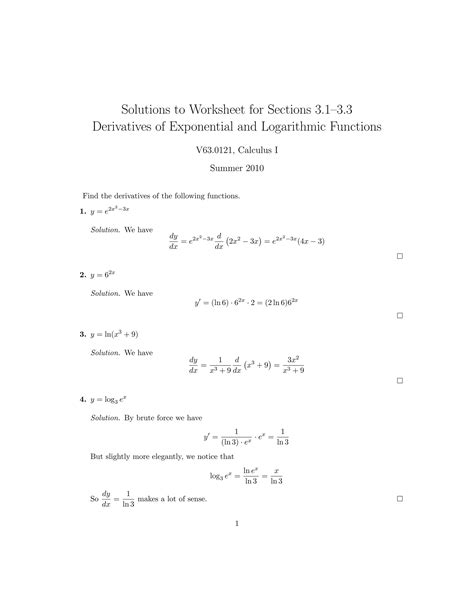 Lesson Derivatives Of Logarithmic And Exponential Functions Worksheet Solutions PDF