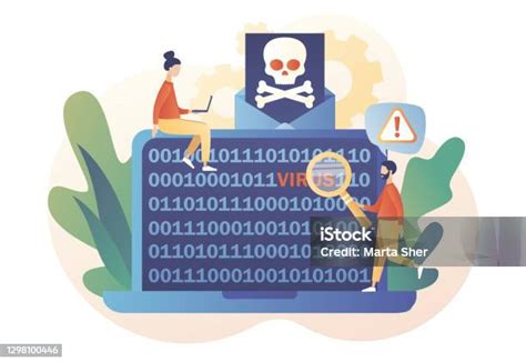 컴퓨터 바이러스 개념 사기 경고 노트북 화면에 코드 해커 공격 및 웹 보안 스팸 악성 응용 프로그램 두개골봉투 현대 플랫 만화 스타일 벡터 일러스트레이션 개념에 대한 스톡