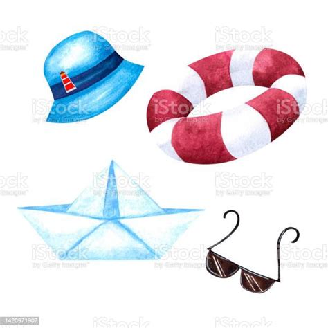 해변 휴가의 요소 집합입니다 수채화로 칠해져 흰색 배경에 고립되어 있습니다 개체 그룹에 대한 스톡 벡터 아트 및 기타 이미지 개체 그룹 계절 공기 주입 Istock