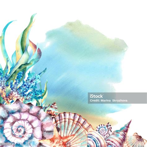 파란색 배경에 해양 구성입니다 해초 산호 및 불가사리 수채화 그림입니다 수중 주민 껍데기에 대한 스톡 벡터 아트 및 기타 이미지