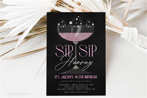 Pink Sip Sip Hooray Birthday Invitation Editable Adult Surprise Party