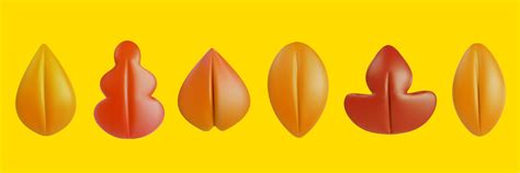 3d 현실적인 가을 잎 다양한 모양을 미니멀 한 만화 스타일로 설정하십시오 노란색 배경에 고립 된 현대적인 디자인 요소를 수집합니다 부드러운 플라스틱 어린이 장난감 벡터