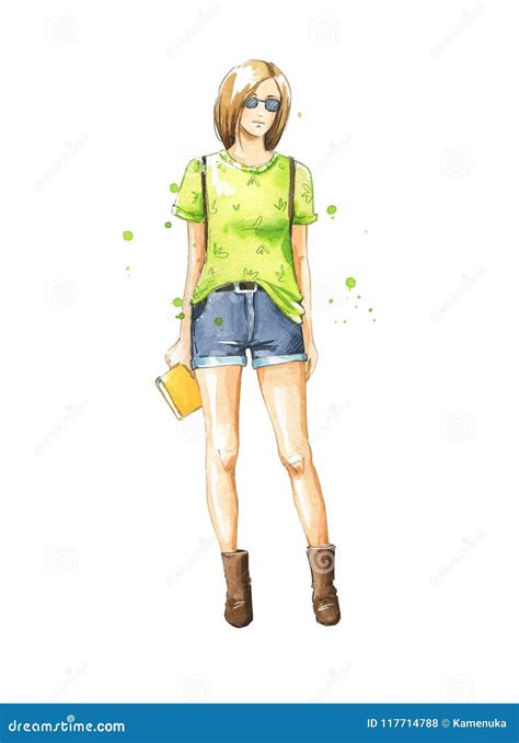 Casual Summer Look Watercolor Fashion Illustration Stock Illustration