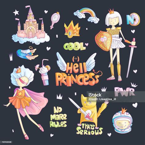 용감한 말괄량이 지옥 공주 벡터 만화 설정합니다 공주 마법과 페미니즘 일러스트 레이 션 작은 십 대 소녀 공주 슈퍼 히어로 전사 용감한 소녀 그림 페미니즘 공주 컬렉션성