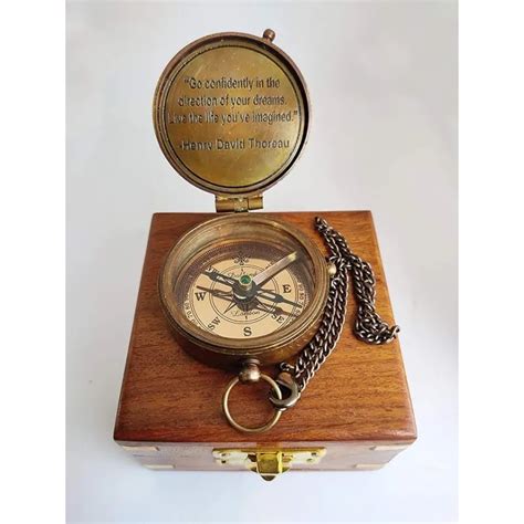 Antique Engraved Compass With Chain And Wooden Box For T Cw