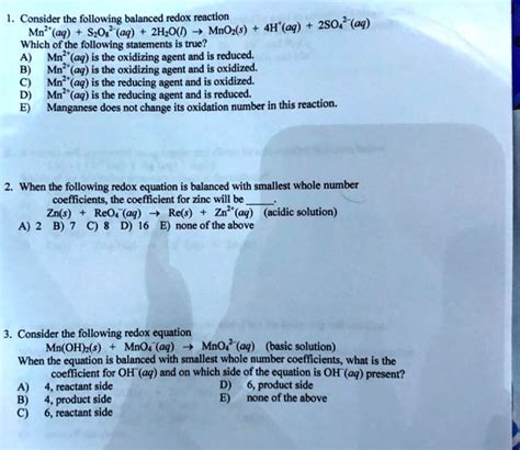 Solved Consider The Following Balanced Redox Reaction 4h Aq 2s02 7