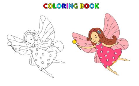 날개와 마술 지팡이를 가진 귀여운 작은 요정 색칠 공부를 위한 벡터 윤곽선과 컬러 그림 가냘픈에 대한 스톡 벡터 아트 및 기타 이미지 가냘픈 가벼운 검은색 Istock