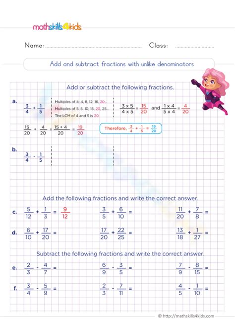 Add And Subtract Fractions With Unlike Denominators Worksheet