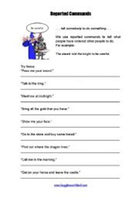 Reported Speech Commands Worksheets