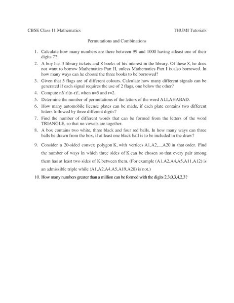 Cbse Class 11 Maths Chapter 6 Test Cbse Class 11 Mathematics Thumi Tutorials Permutations And