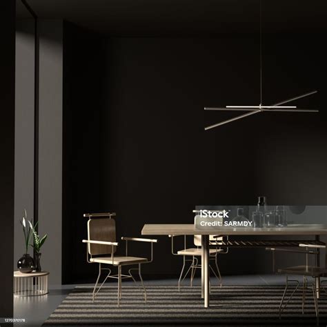 목재 의자와 테이블이 있는 현대적인 스타일의 식당 미니멀 한 어두운 식당 디자인 3d 일러스트레이션 모던 양식에 대한 스톡 사진 및 기타 이미지 Istock