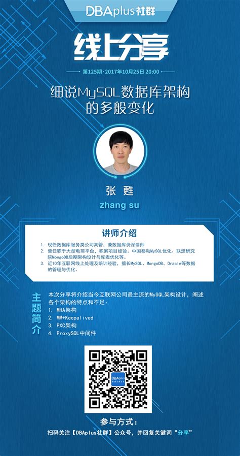 【dbaplus社群线上分享125期】细说mysql数据库架构的多般变化 线上分享 Dbaplus社群：围绕data、blockchain、aiops的企业级专业社群。技术大咖、原创