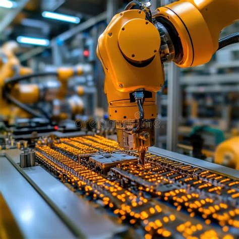On An Industrial Assembly Line A Yellow Robotic Arm Operates Showcasing Automation And Modern